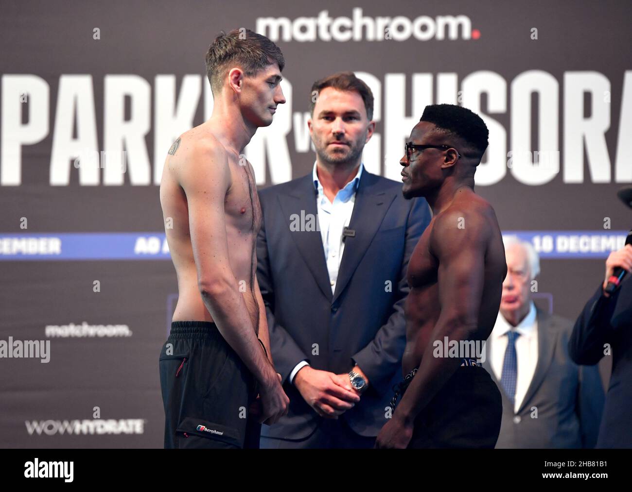 Jack Cullen (left), Eddie Hearn and Kevin Lele Sadjo during a weigh in at the Albert Hall ...