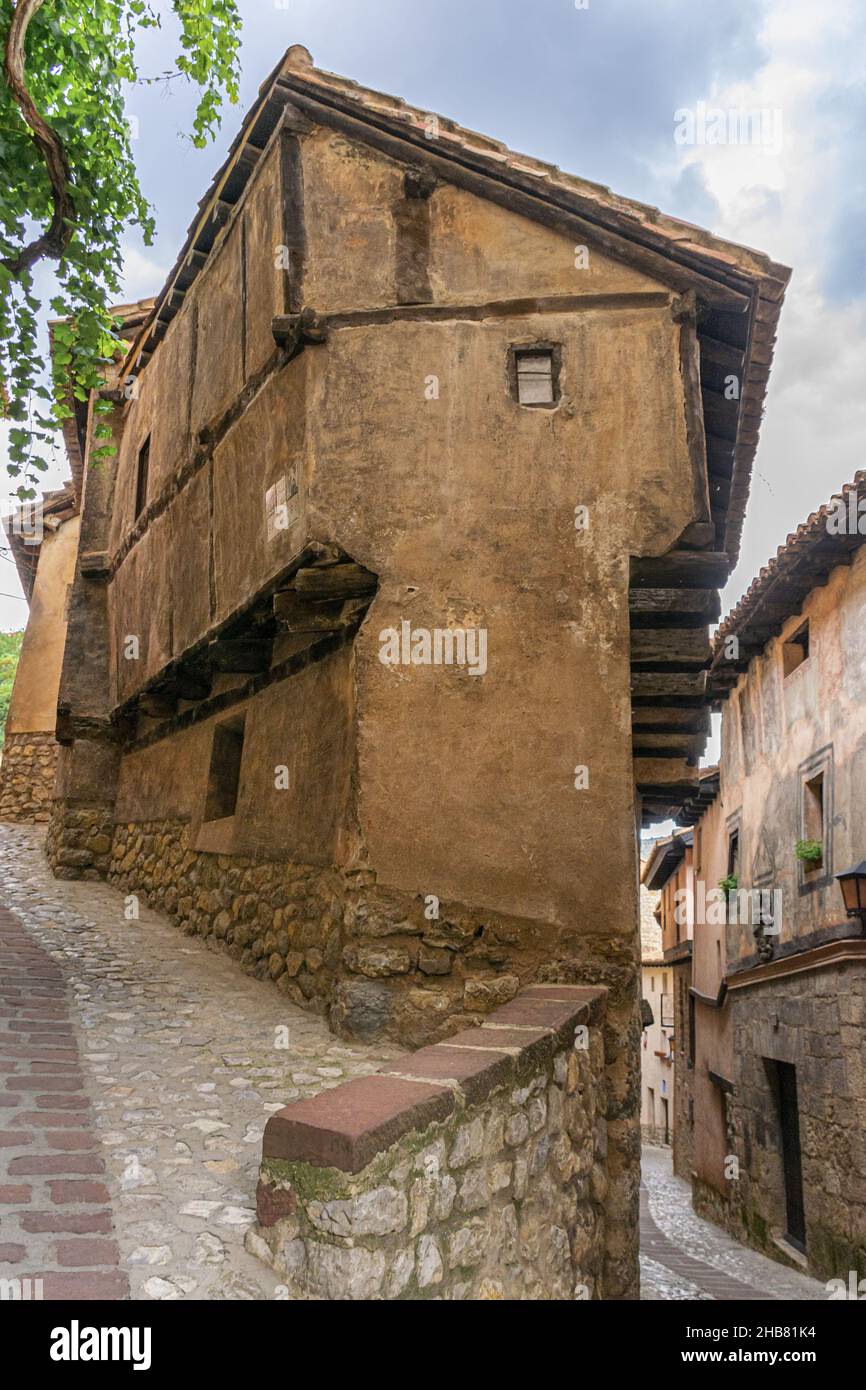 Vertical shot of an alley in the medieval town of Albarracin in Teruel ...