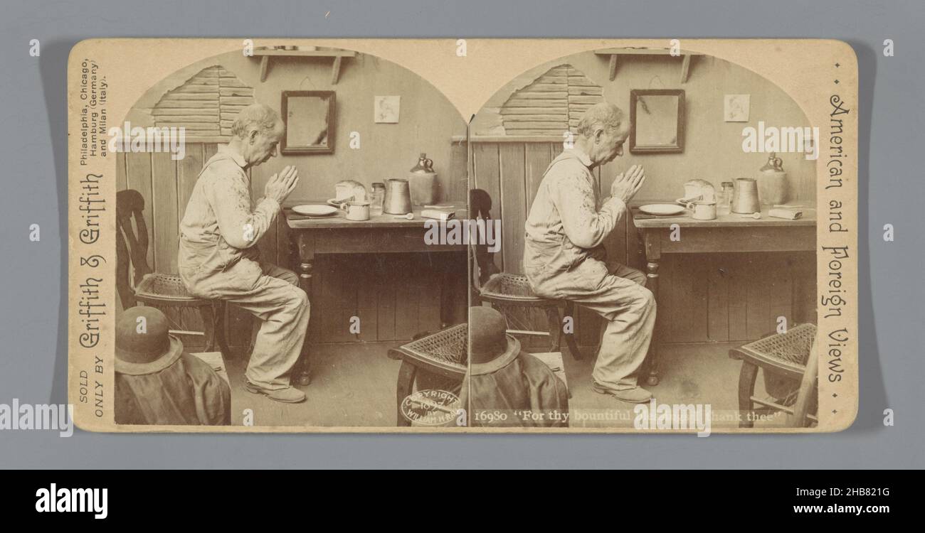 Man sitting with folded hands at set table, For thy bountiful blessings ...