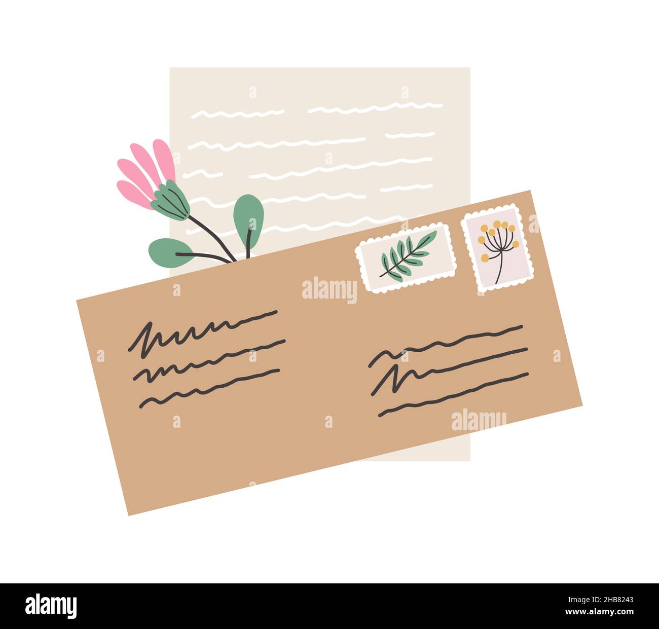 Doodle envelopes. Craft paper letters sealed or opened. Vector letters ...