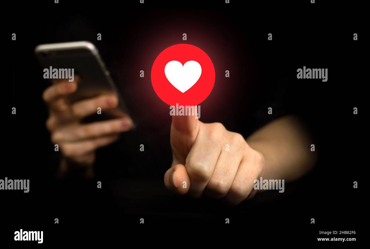 Social media concept. Hand press like button, notification icon. Social ...