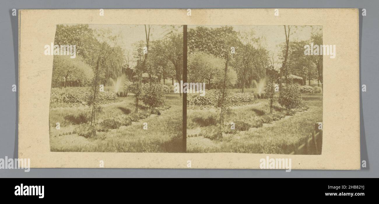 Garden with fountain, anonymous, 1852 - 1858, cardboard, paper, albumen ...