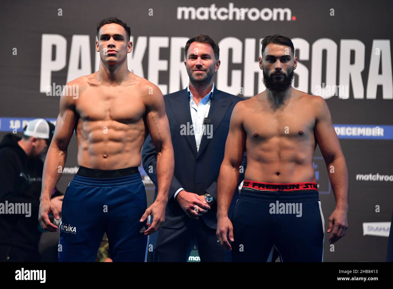 David Nyika and Anthony Carpin (right) during a weigh in at the Albert ...