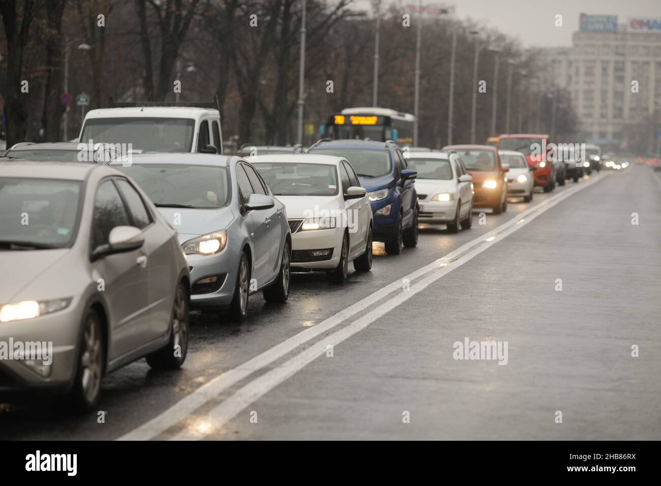 Bucharest, Romania - December 17, 2021: Cars traffic on a busy street ...