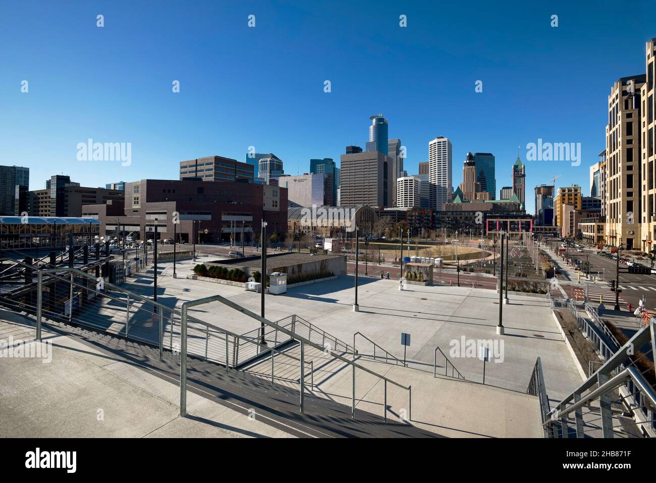 Minneapolis skyline, from Stadium. The Commons. Minnesota Stock Photo ...