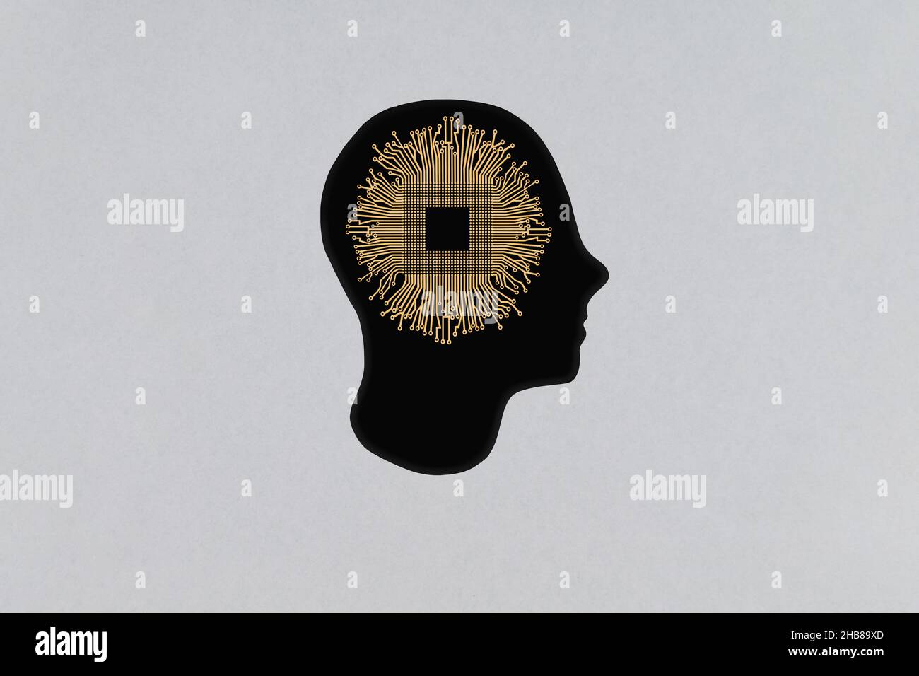 Silhouette of a human cardboard head cutout with a central processing ...