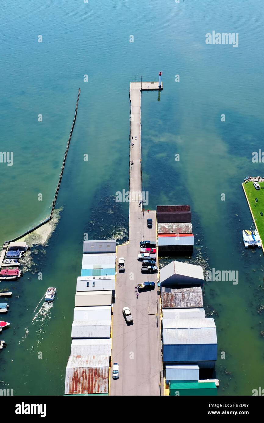 An aerial vertical of boat houses and pier at Port Rowan, Ontario ...