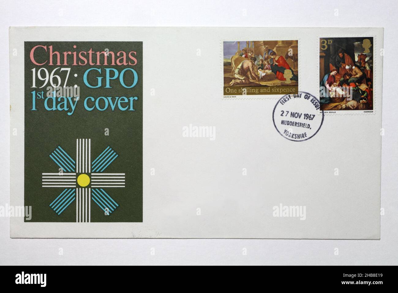 British Royal Mail 1967 Christmas first day cover postage stamps. Queen ...