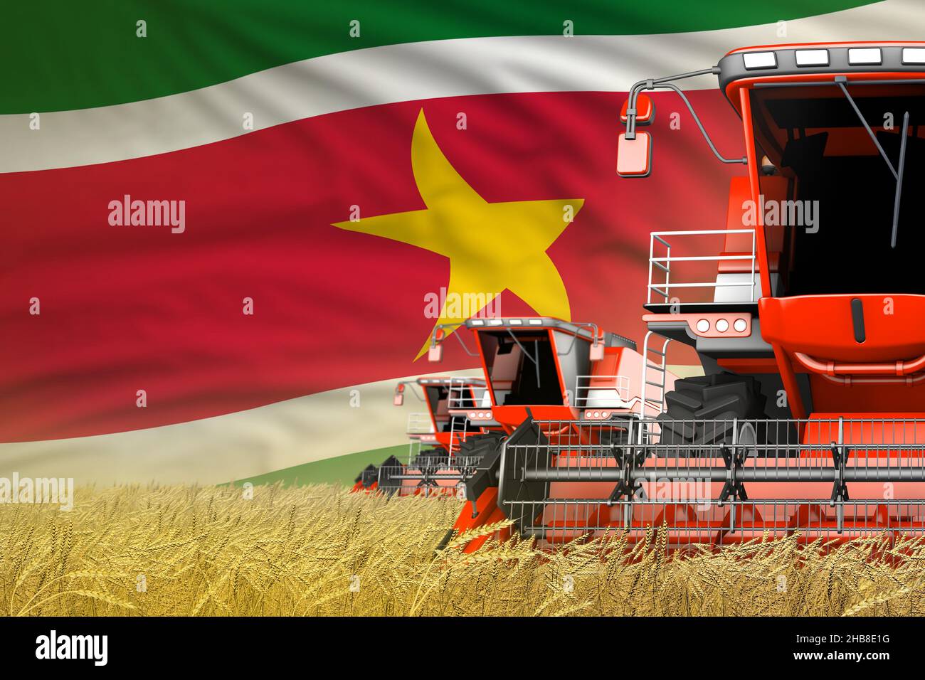 industrial 3D illustration of three red modern combine harvesters with ...