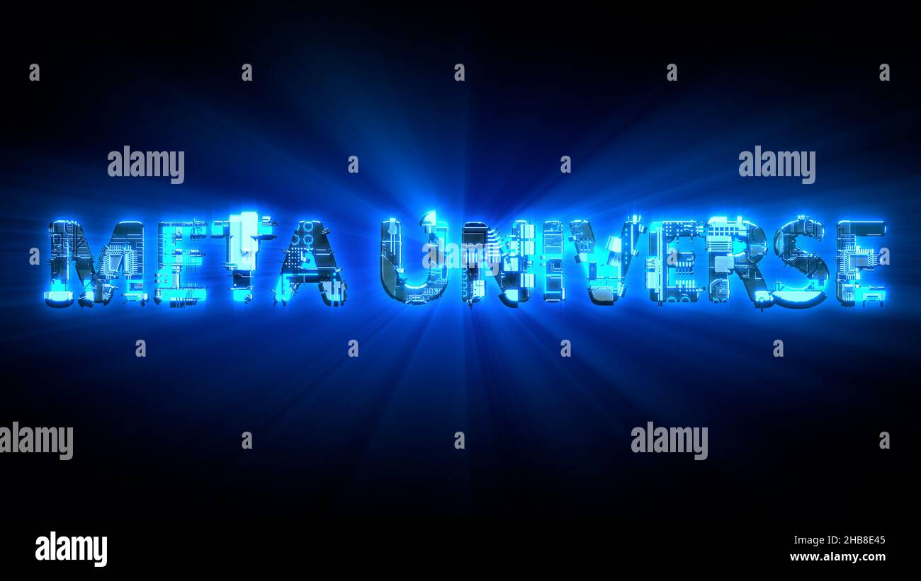 Meta Universe shining blue digital cyber text, isolated - industrial 3D ...
