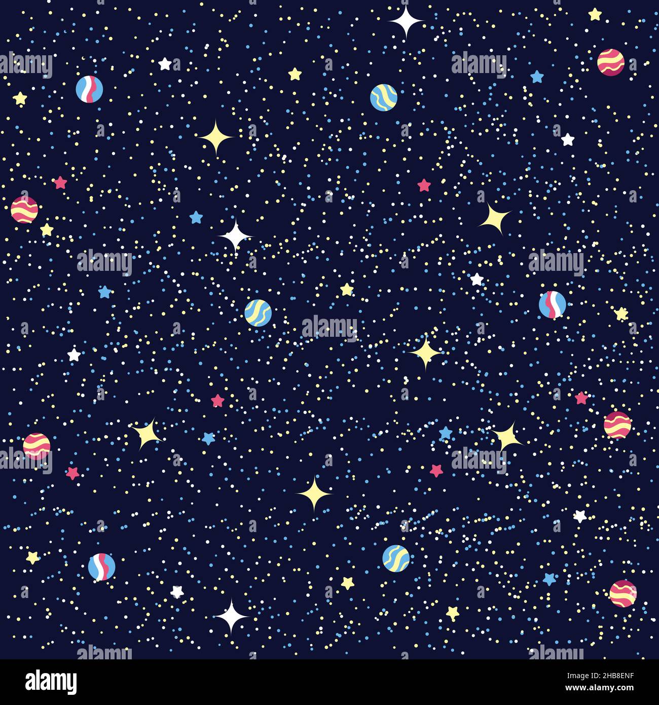 Seamless space pattern. Planets, rockets and stars. Cartoon spaceship. Childish background. Hand ...