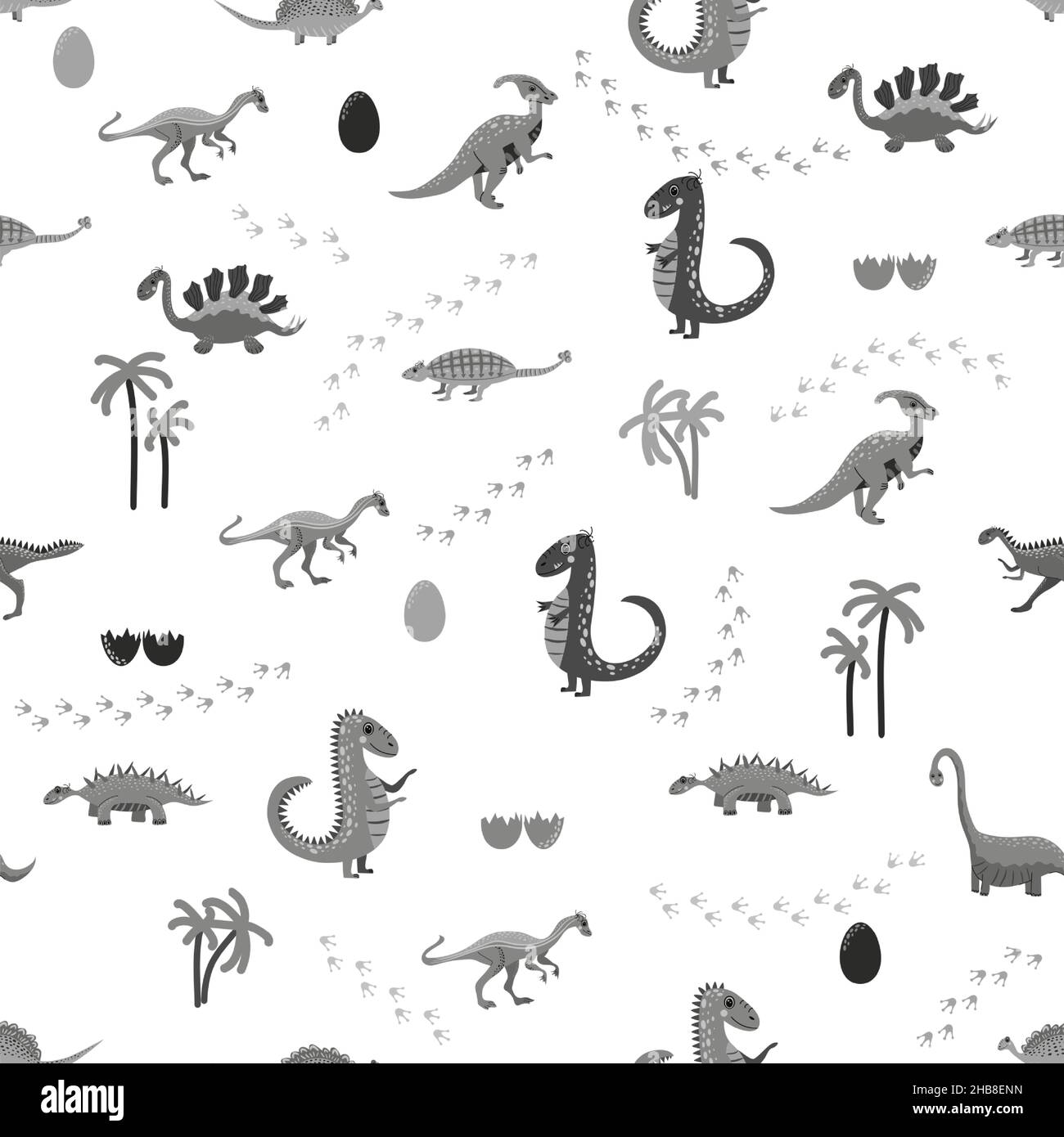 Cute dinosaurs seamless pattern. Solid pattern, shades of gray. Funny ...
