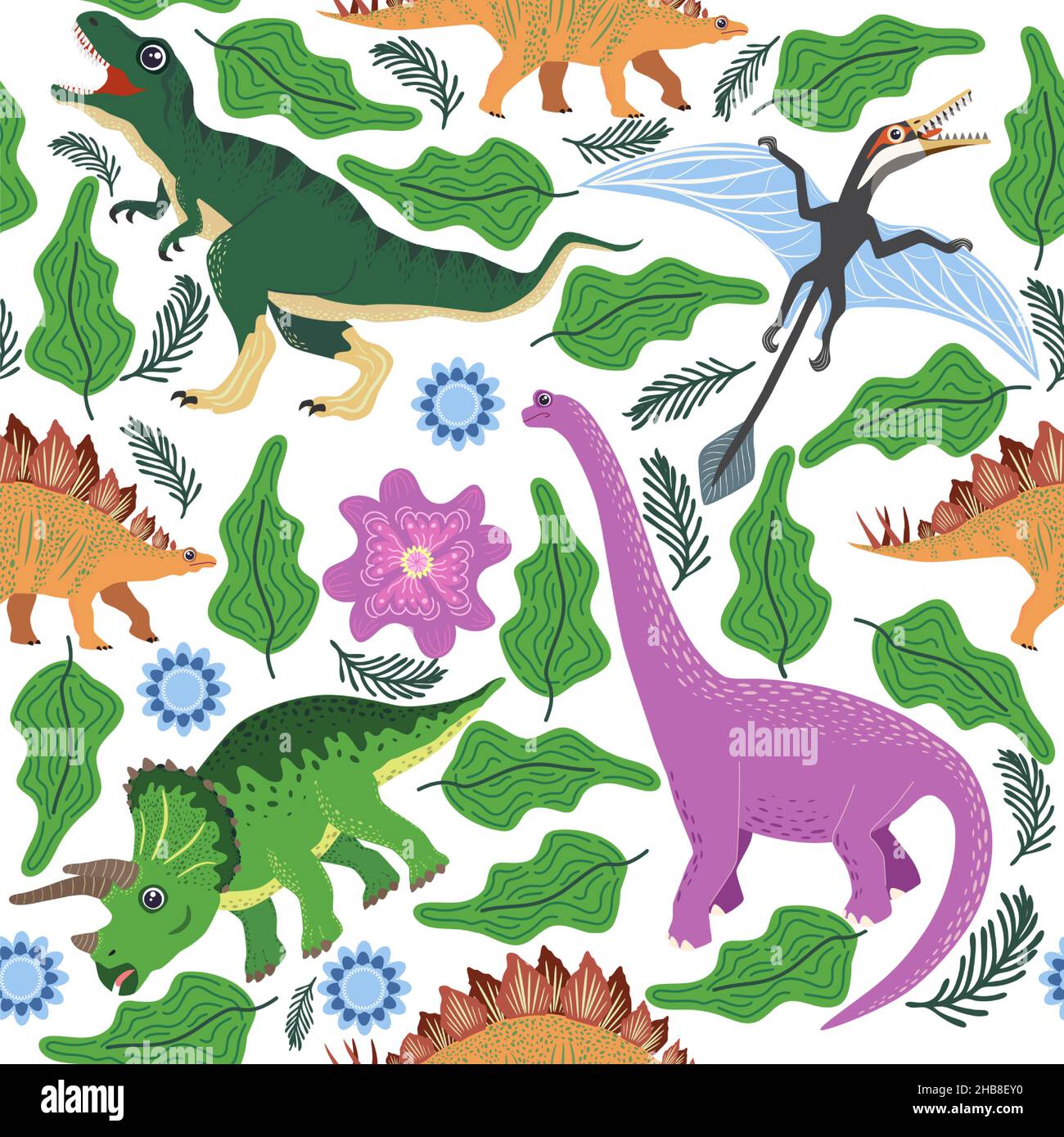 Hand drawn seamless pattern with dinosaurs and tropical leaves and ...