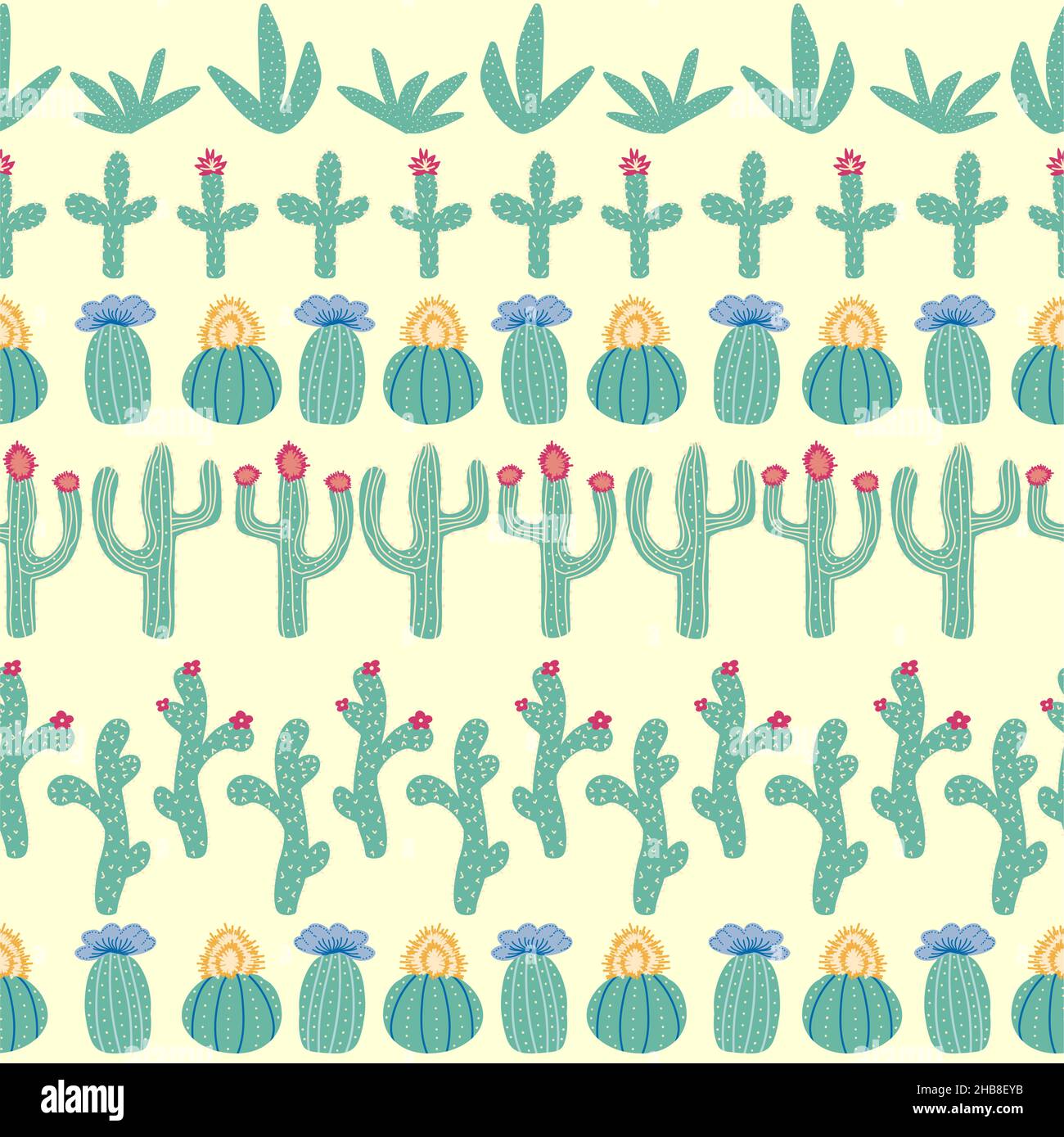 seamless pattern with different cactus. Bright repeated texture with green cacti. Natural hand ...