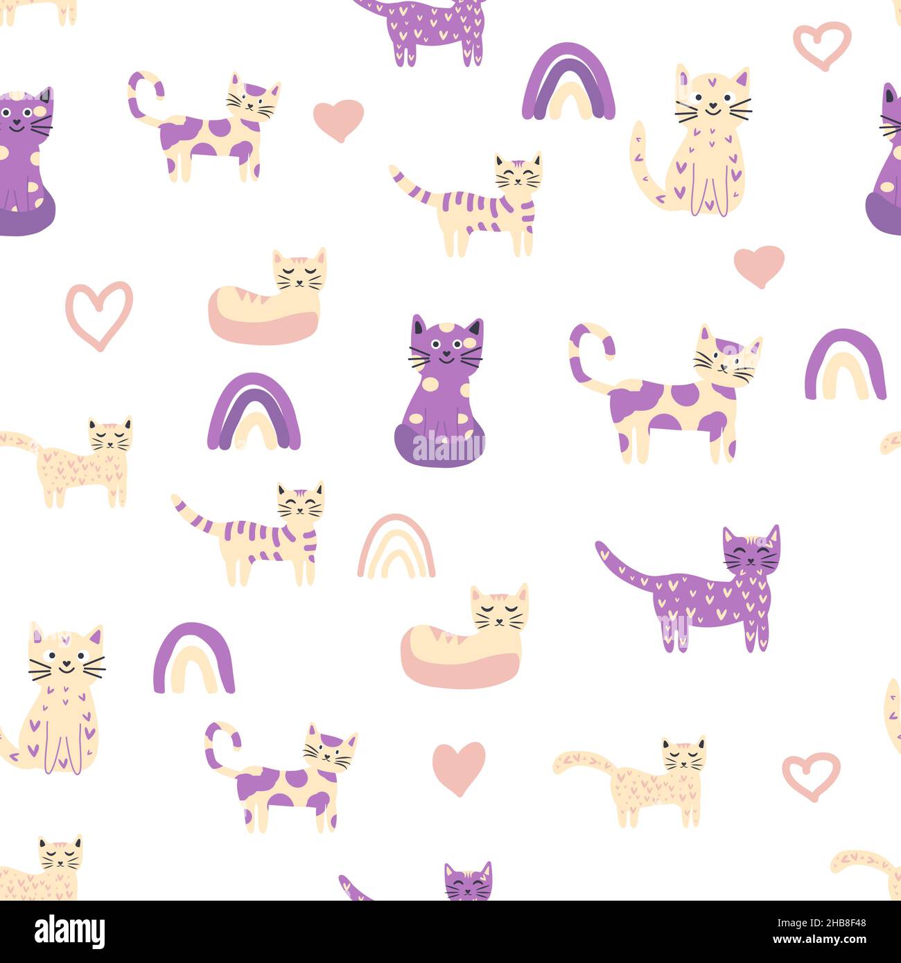 Seamless childish pattern with funny colorful cats and rainbows ...