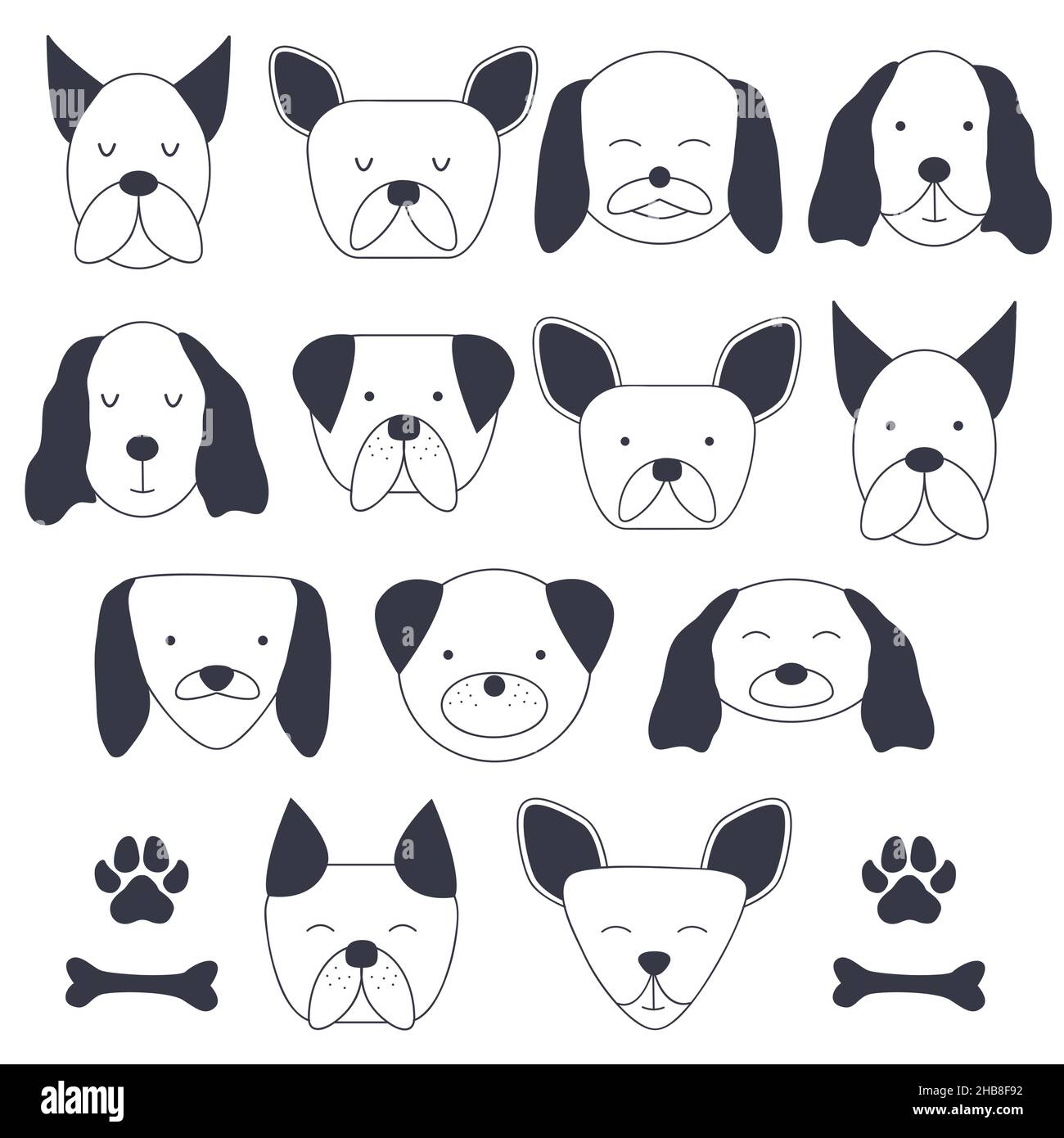 Collection of facial expressions of different breeds of dogs. Cute baby ...