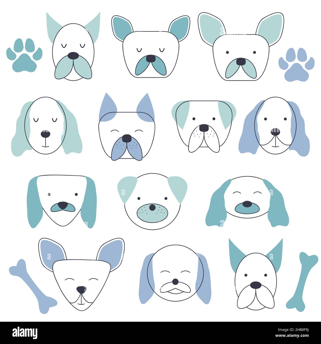 Collection of facial expressions of different breeds of dogs. Cute baby ...