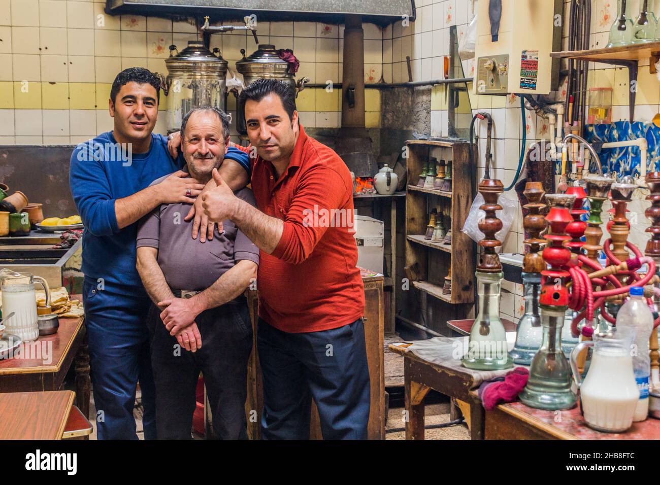 ARDABIL, IRAN - APRIL 10, 2018: Local people in a tea house in Ardabil ...