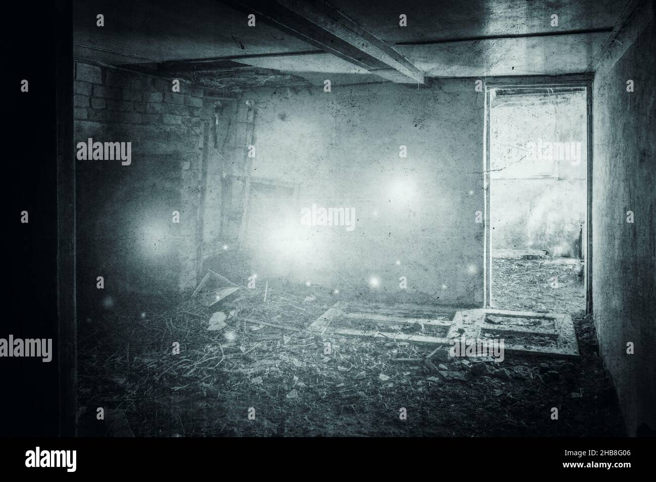 A supernatural concept of floating orbs of light. In a ruined building ...