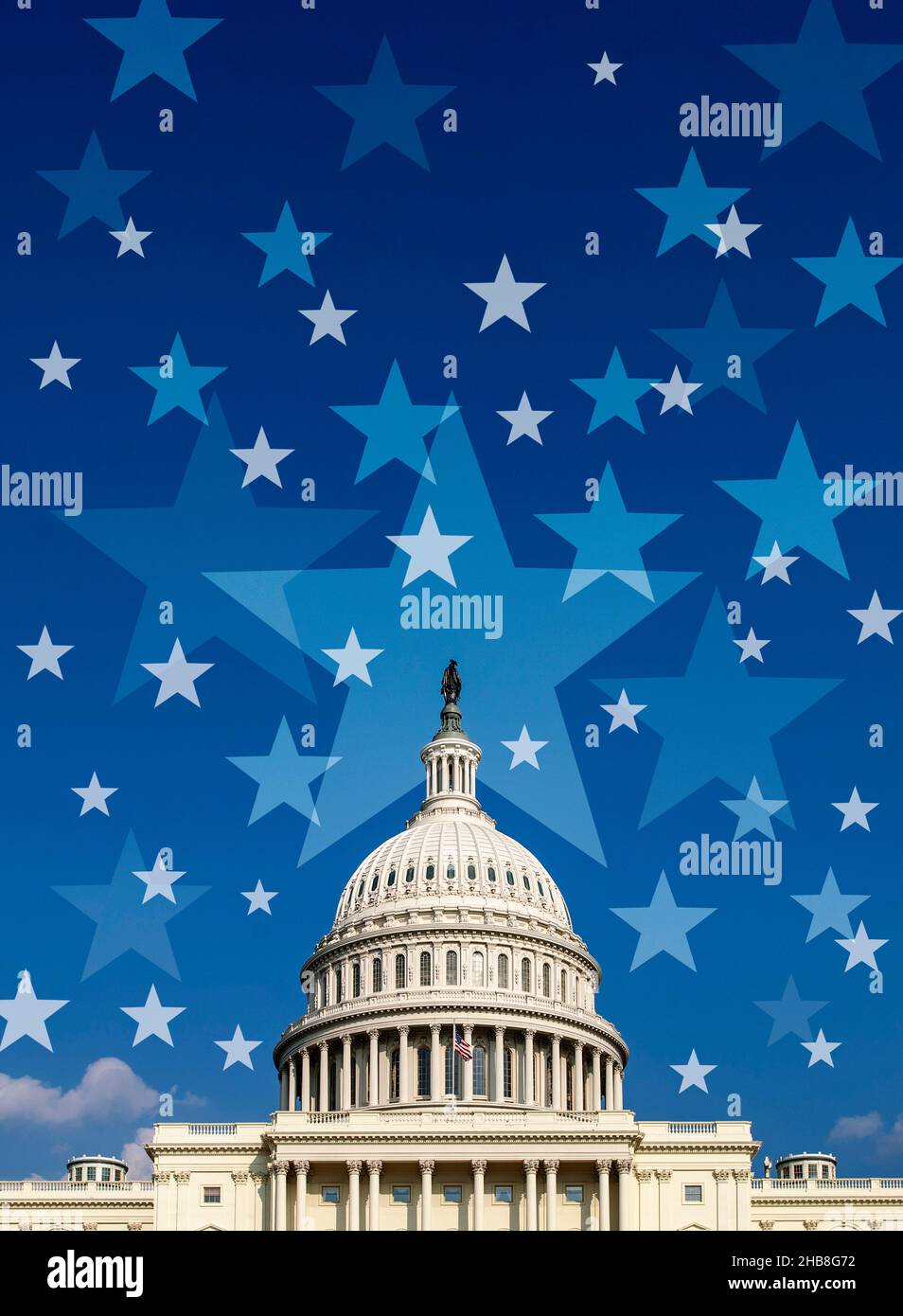 USA, Washington D.C., USA Capital building with flag against blue sky ...