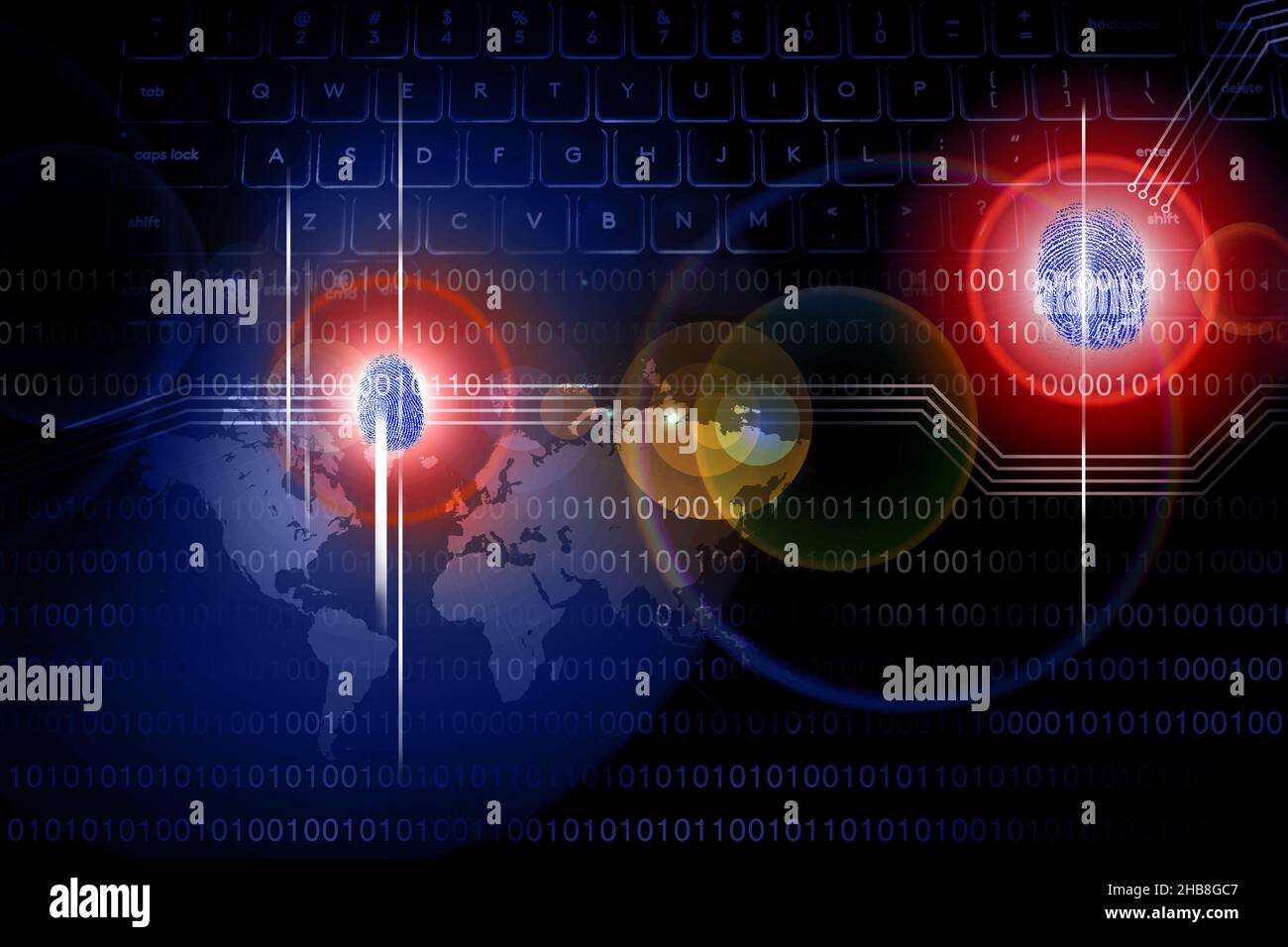 Computer cyber attack with thumbprints and keyboard on world map Stock ...