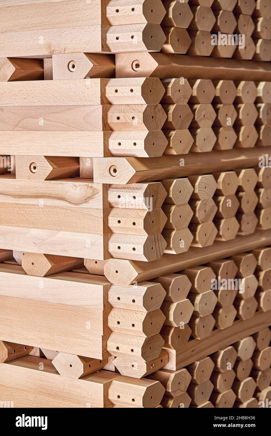 Huge stack of simple tables legs made of solid beechwood material ...