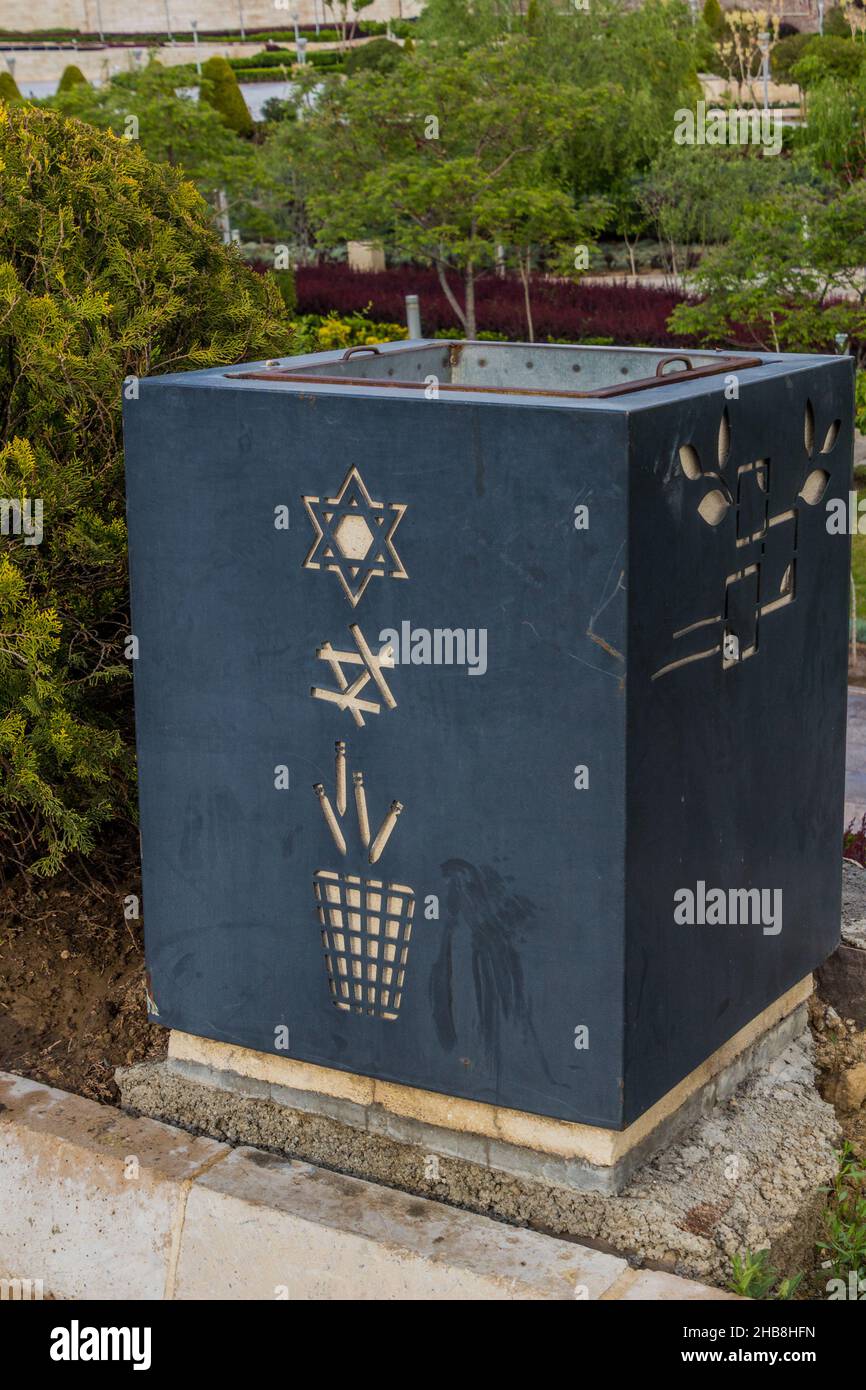 TEHRAN, IRAN - APRIL 14, 2018: Bombs falling into a garbage bin symbol ...