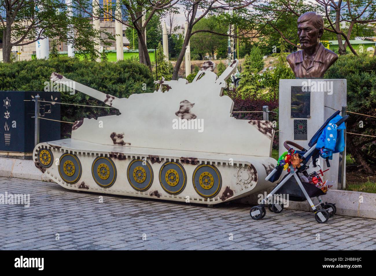 TEHRAN, IRAN - APRIL 14, 2018: Tank shaped bench at the Holy Defense ...