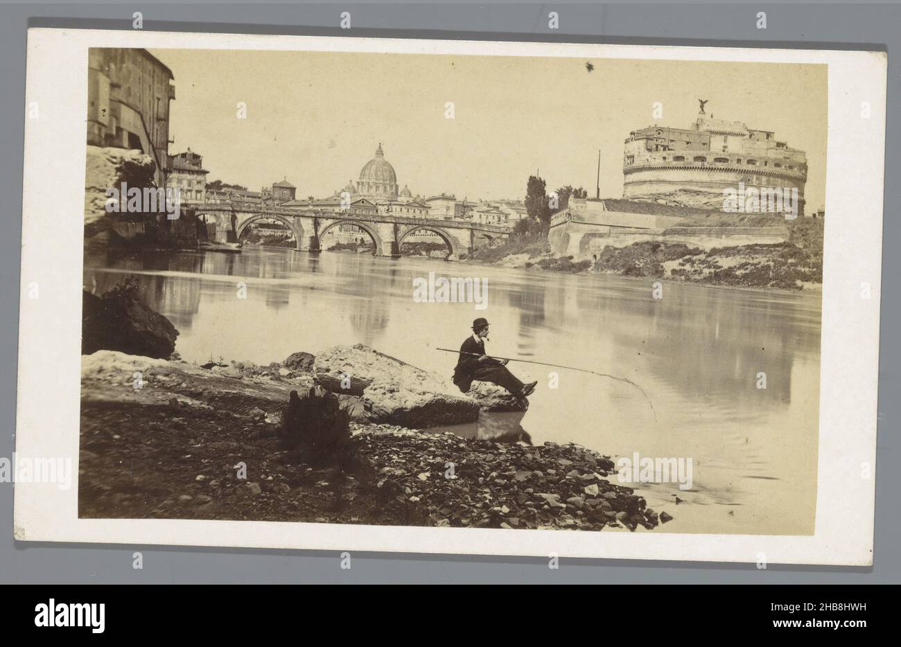 Fishing man by the Tiber, with Angel Castle and Angel Bridge in the ...