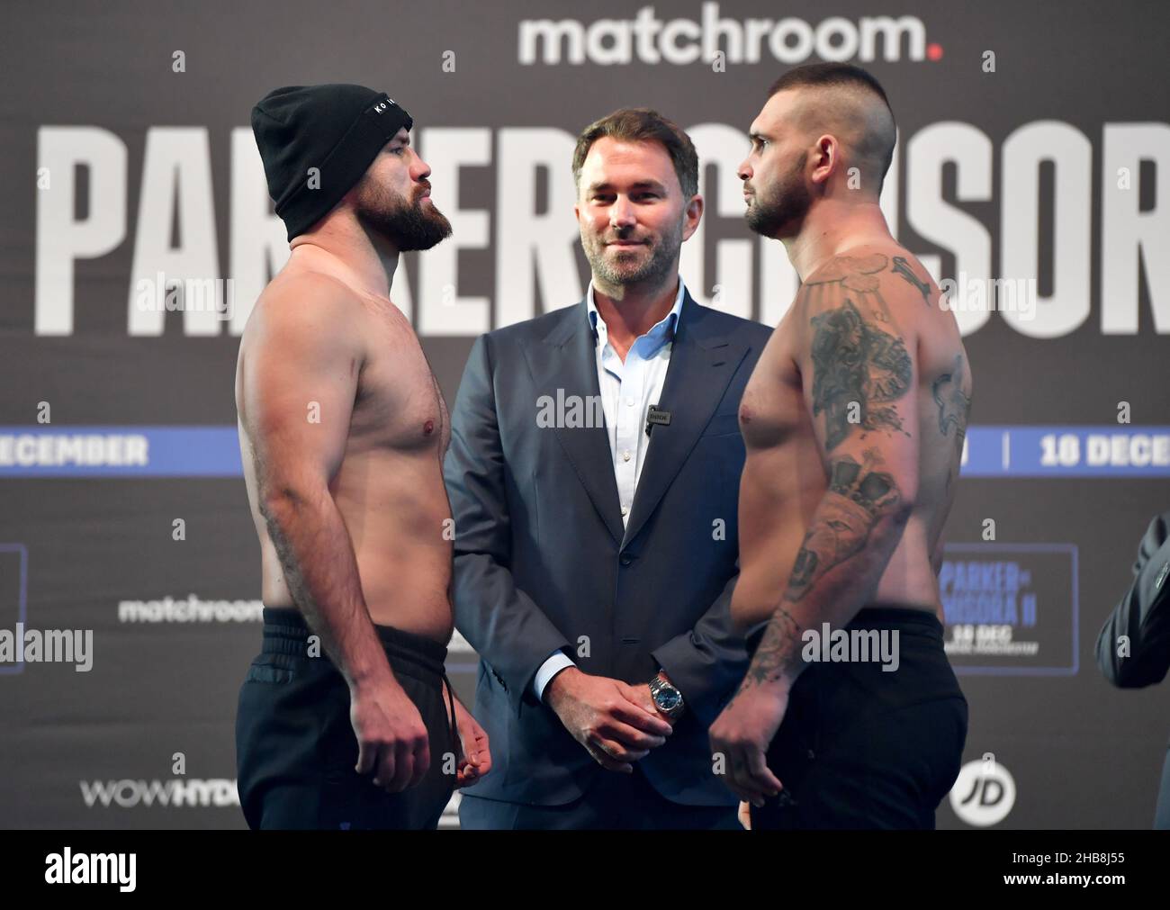 Alen Babic (left), Eddie Hearn and David Spilmont during a weigh in at ...