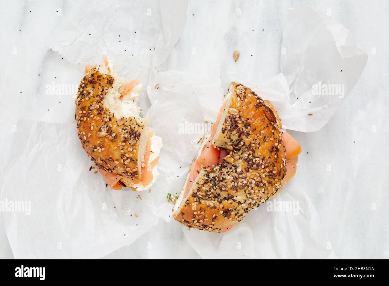 Overhead view of bagel with lox and cream cheese Stock Photo - Alamy