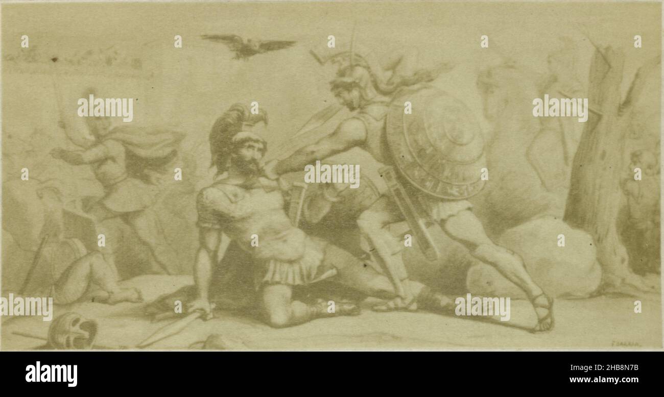 Photoreproduction of a painting, depicting the battle between Turnus ...