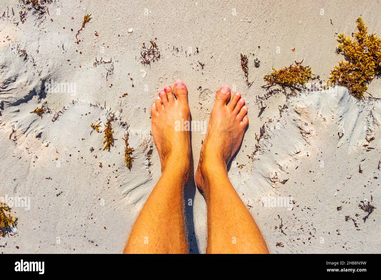 Feet in the water and sand of the tropical mexican beach of Playa 88 ...