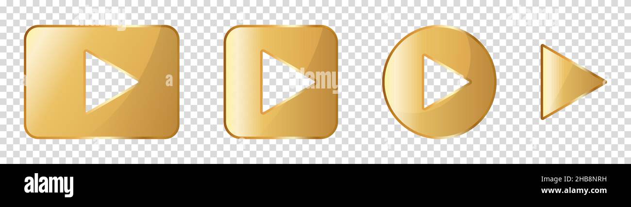 Gold play buttons set. Vector illustration isolated on transparent ...