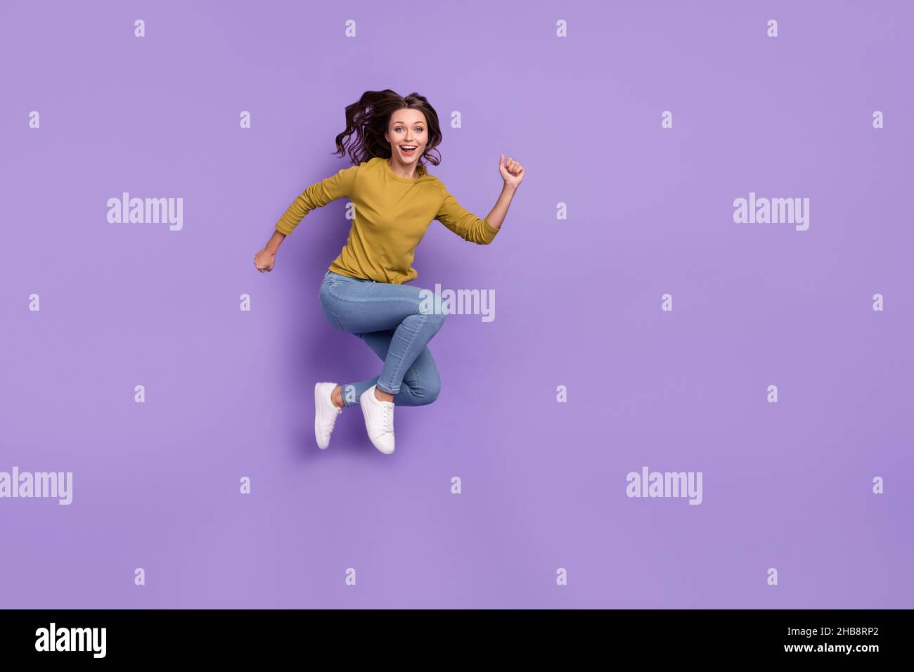 Full body profile portrait of active excited person rush have good mood ...