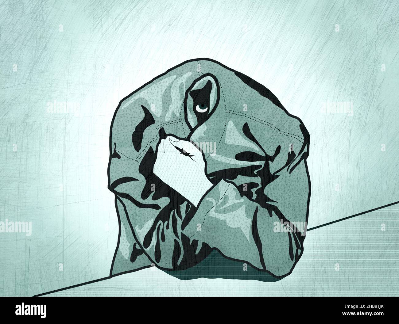 Man covering himself in fear. Social exclusion, invisible, homeless ...