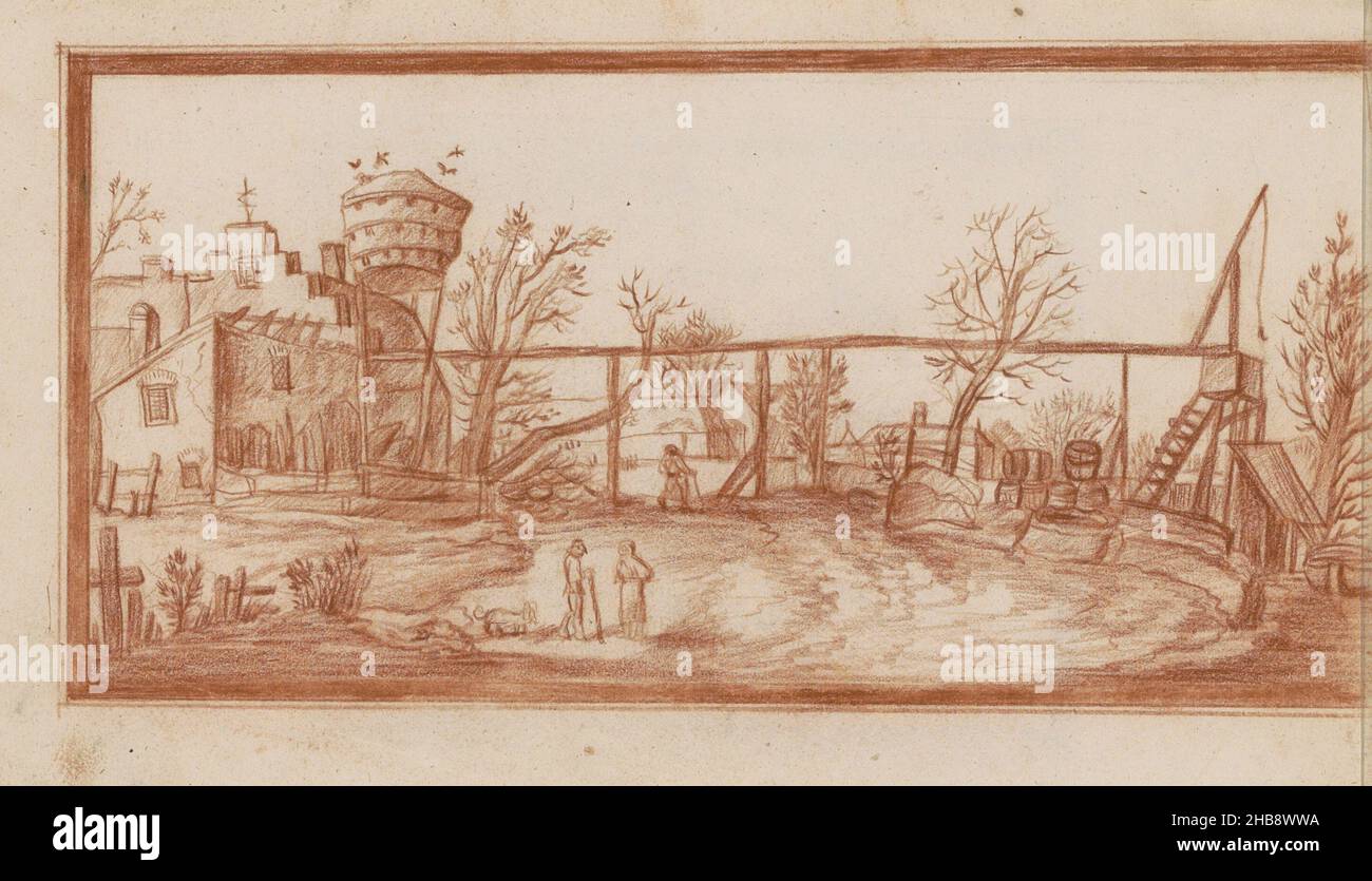Figures by a pond on the outskirts of a village, In the background a ...