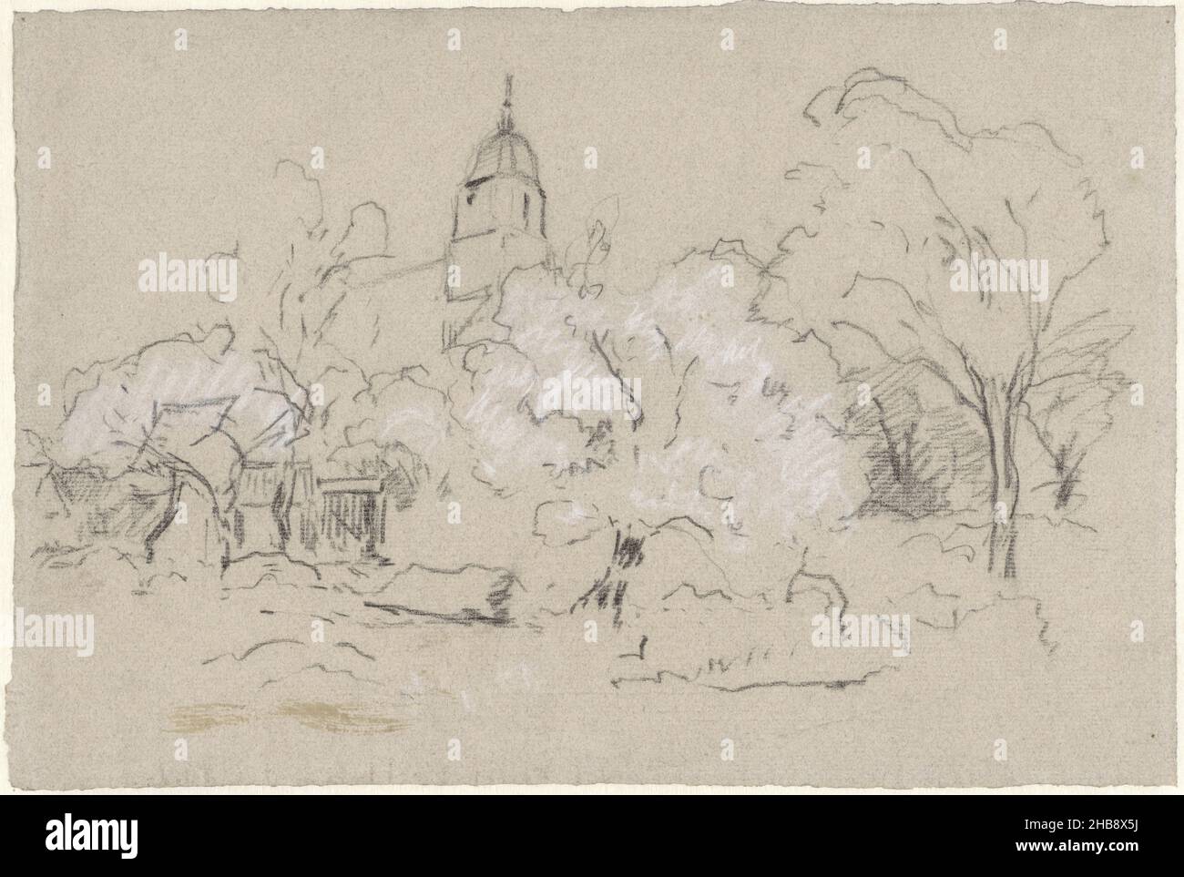 View of a village with church hidden behind some trees, draughtsman ...