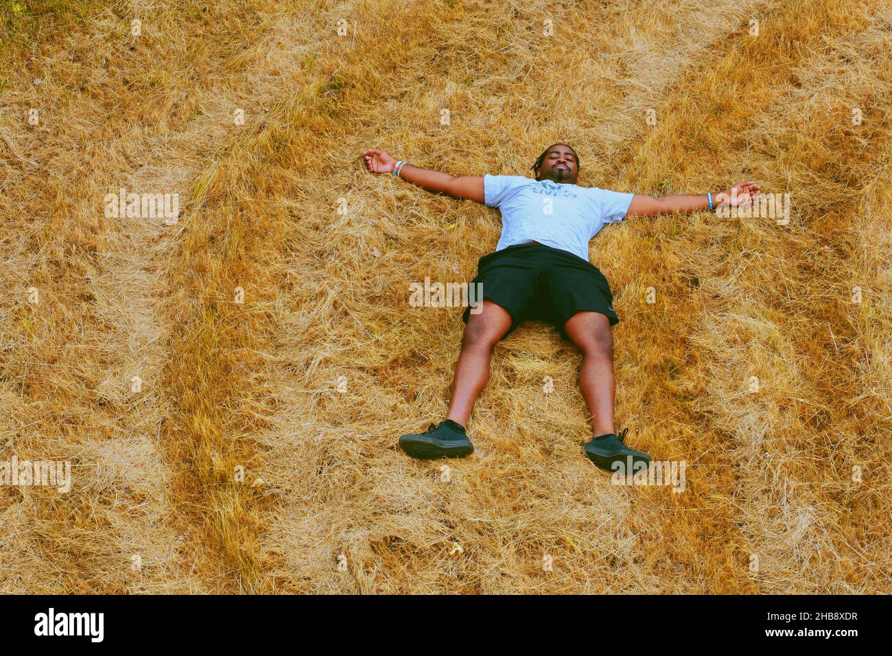 black male lays down in field. young teen in field. man in wheat field ...