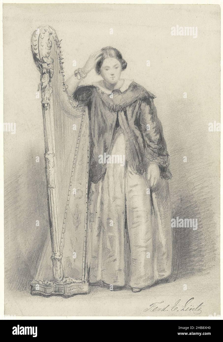 Standing woman with harp, draughtsman: Ferdinand Ernst Lintz, 1843 ...