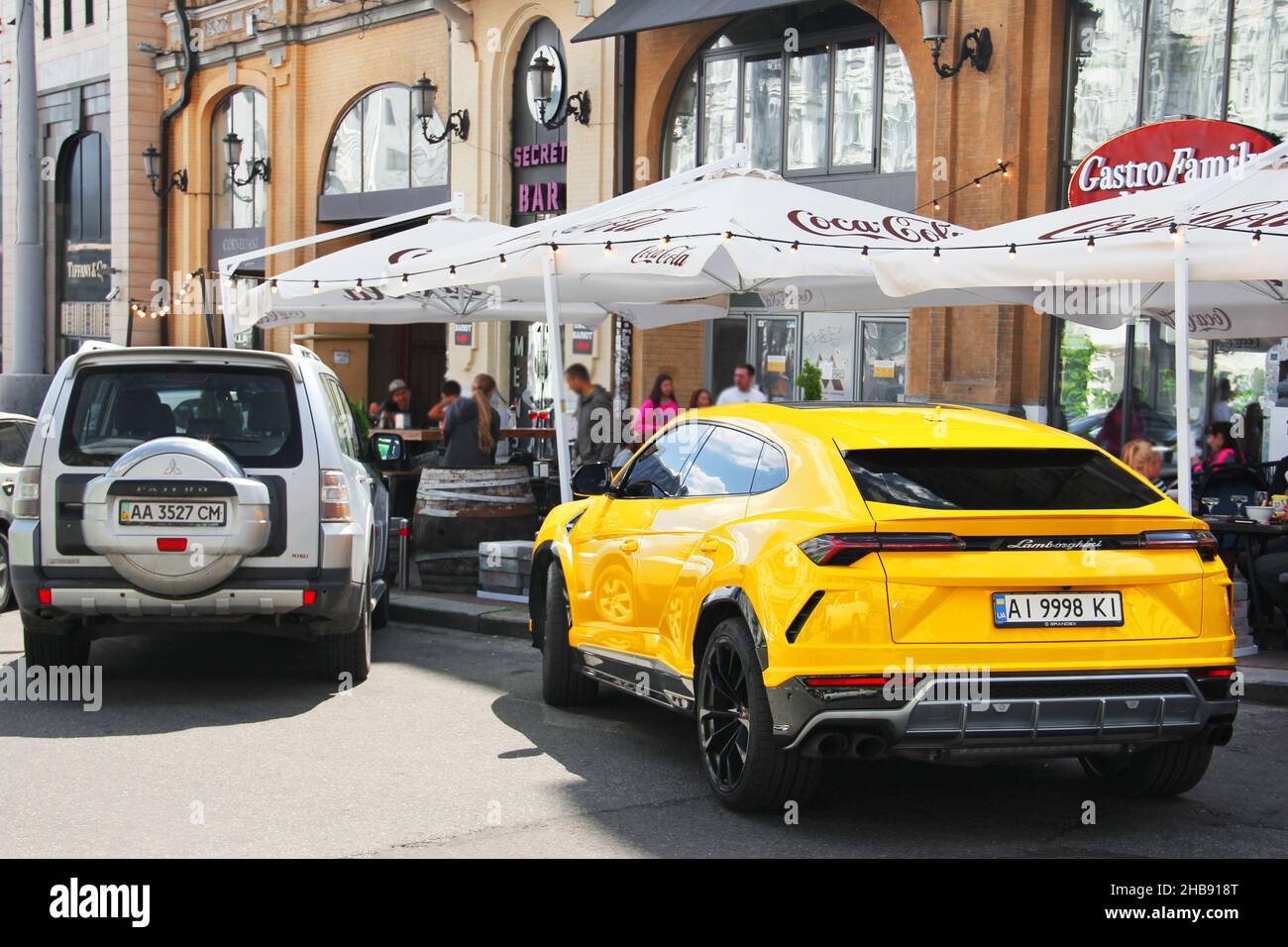 Kiev, Ukraine - May 22, 2021: Yellow luxury super SUV Lamborghini Urus ...