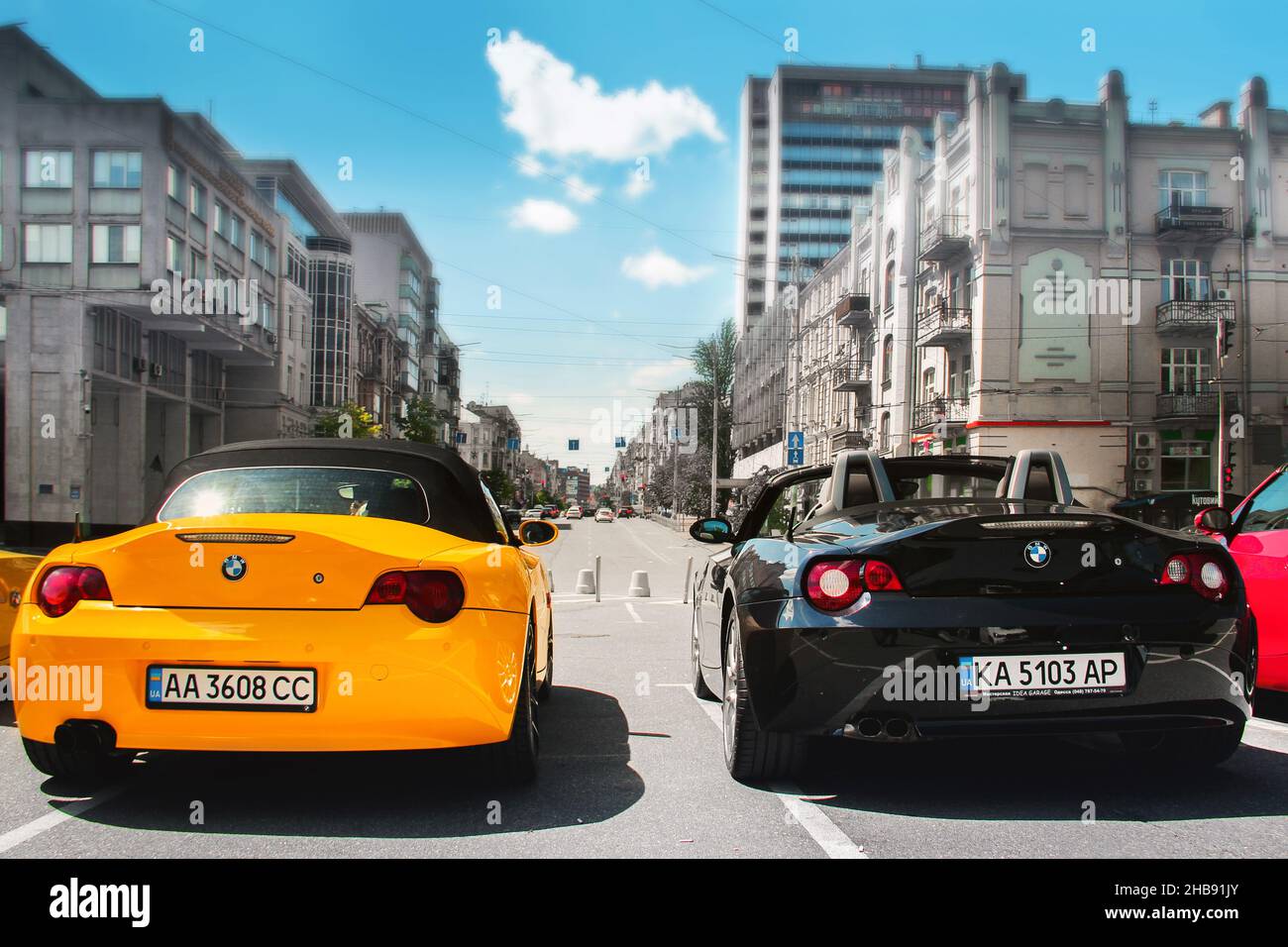 Kiev, Ukraine - May 22, 2021: Yellow and black BMW Z4 in the city ...