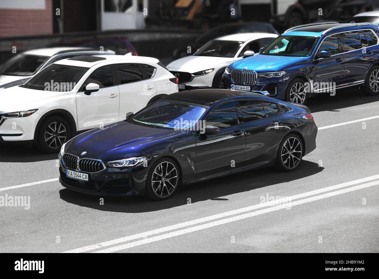 Kiev, Ukraine - May 22, 2021: Blue BMW M850i Gran Coupe on the road in ...