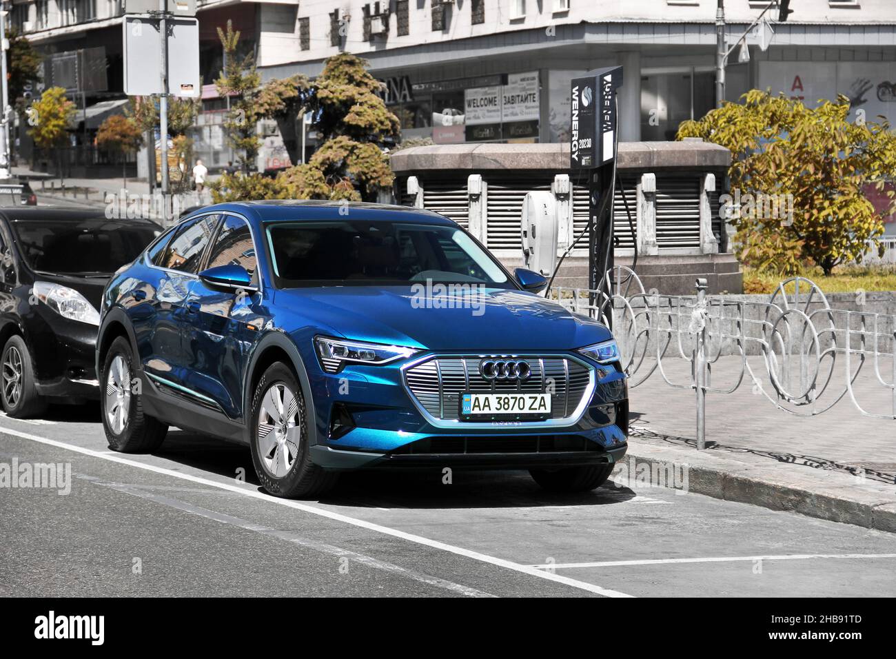 Kiev, Ukraine - June 19, 2021: Audi e-tron electric car charging in the ...