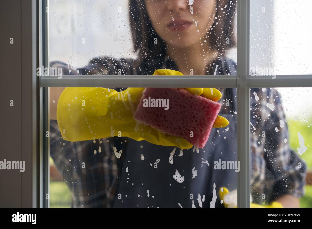 Woman washes the windows with a detergent Stock Photo - Alamy