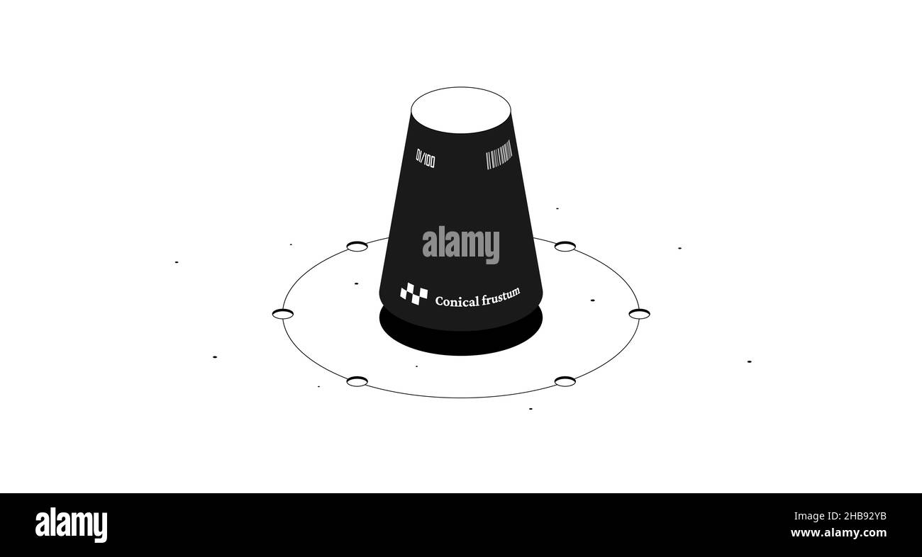 Conical frustum mathematical figure. Black and white isometric 3d ...
