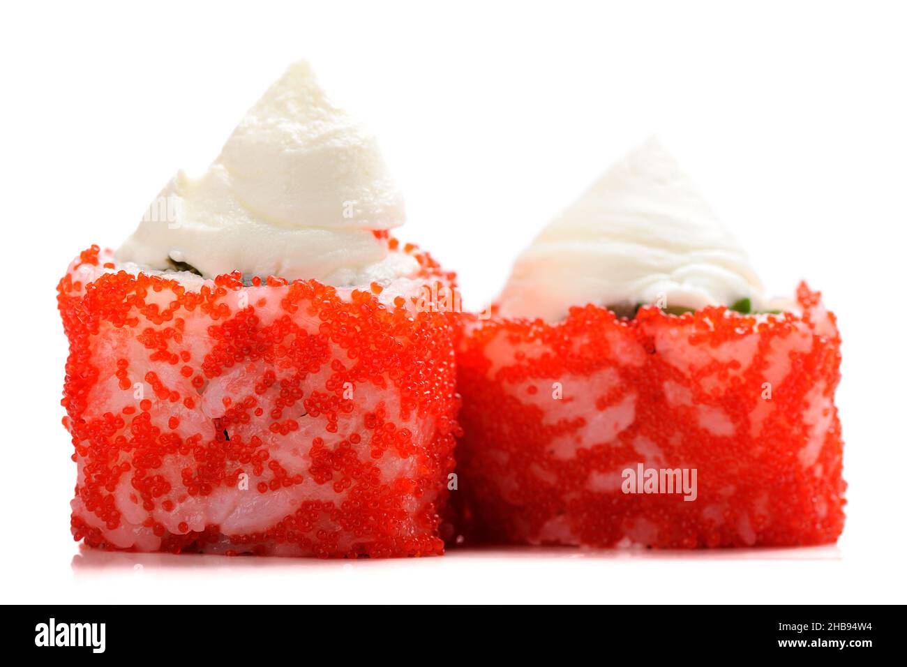 Two Japanese fusion rolls with red roe and cream cheese isolated ...