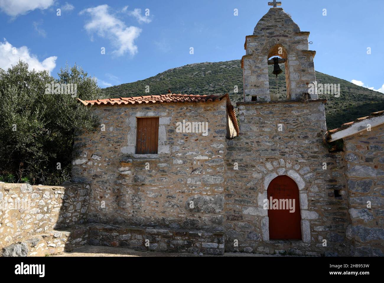 Landscape with scenic view of an old stone built Byzantine church in ...