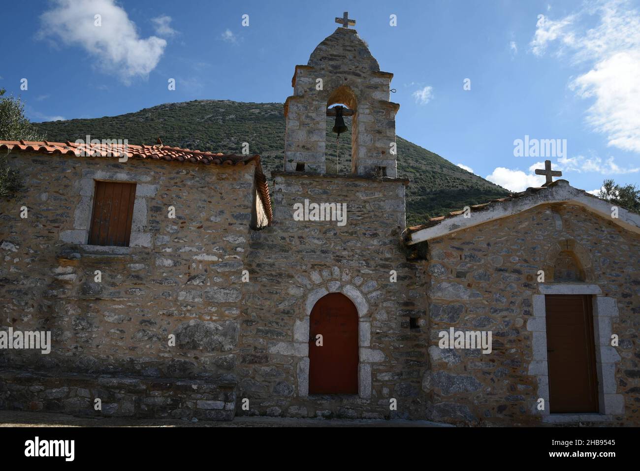 Landscape with scenic view of an old stone built Byzantine church in ...