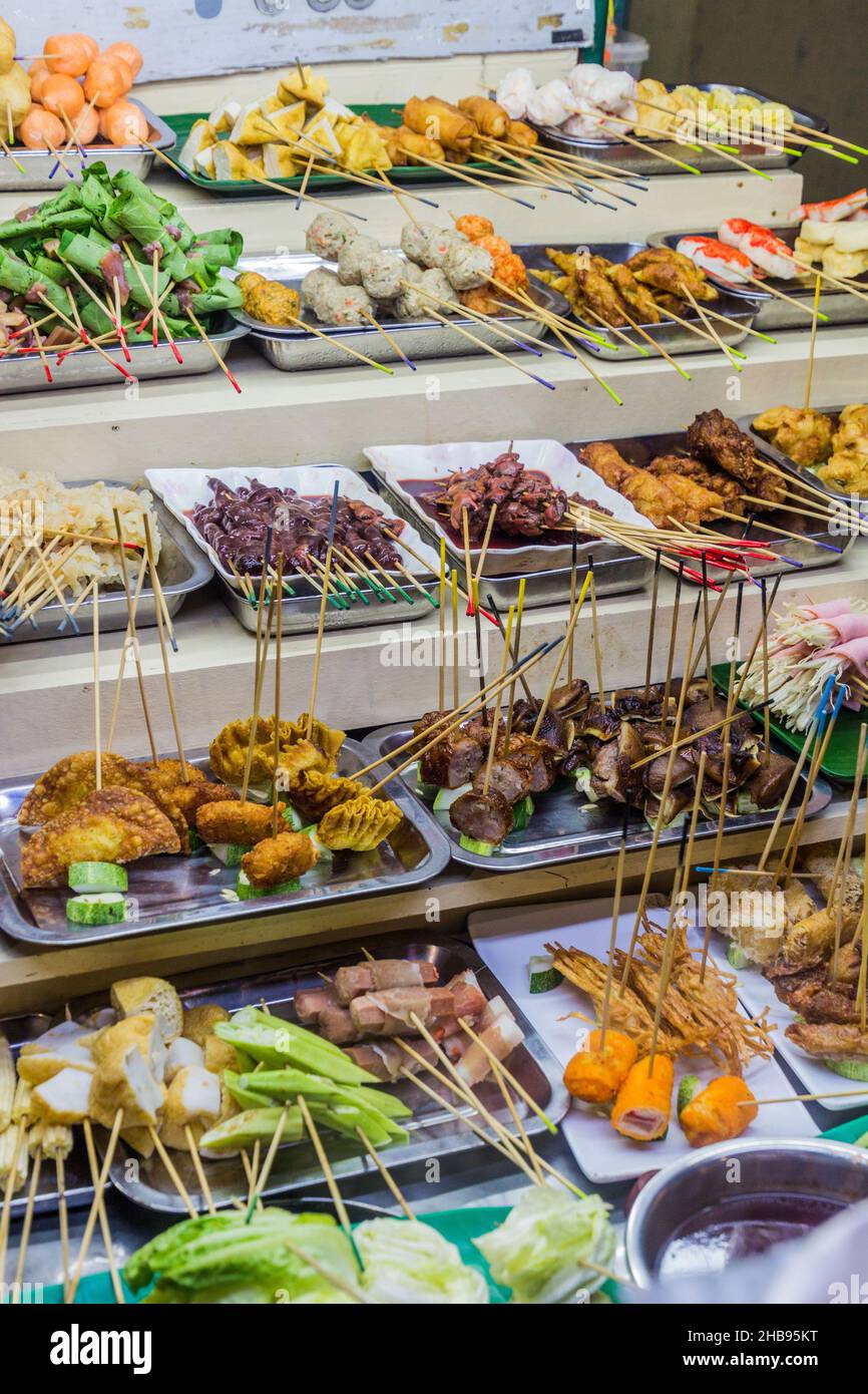 Various skewers at the night market in George Town, Malaysia Stock ...